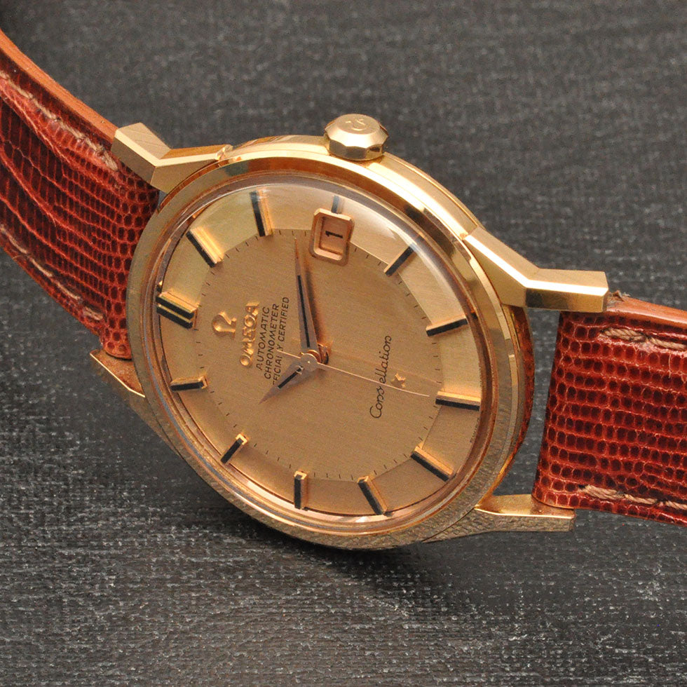 Omega Constellation De Luxe, raised logotype, NOS in 18K, 168,005/6 ...